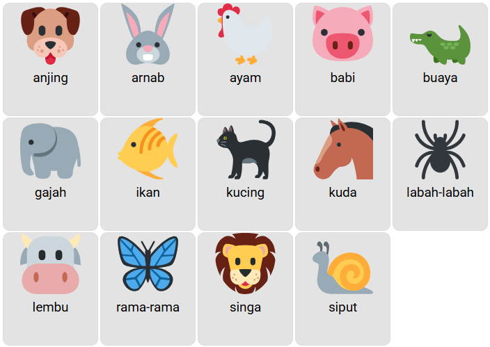 Animals in Malay - Vocabulary Game - Ekvis.com