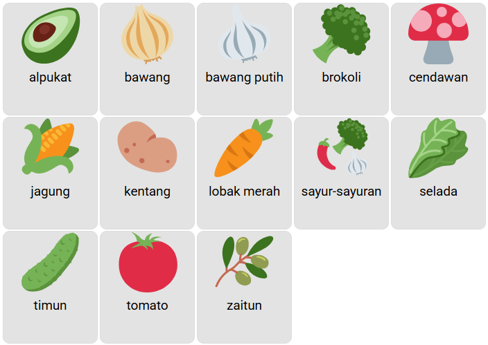 Vegetables in Malay - Vocabulary Game - Ekvis.com